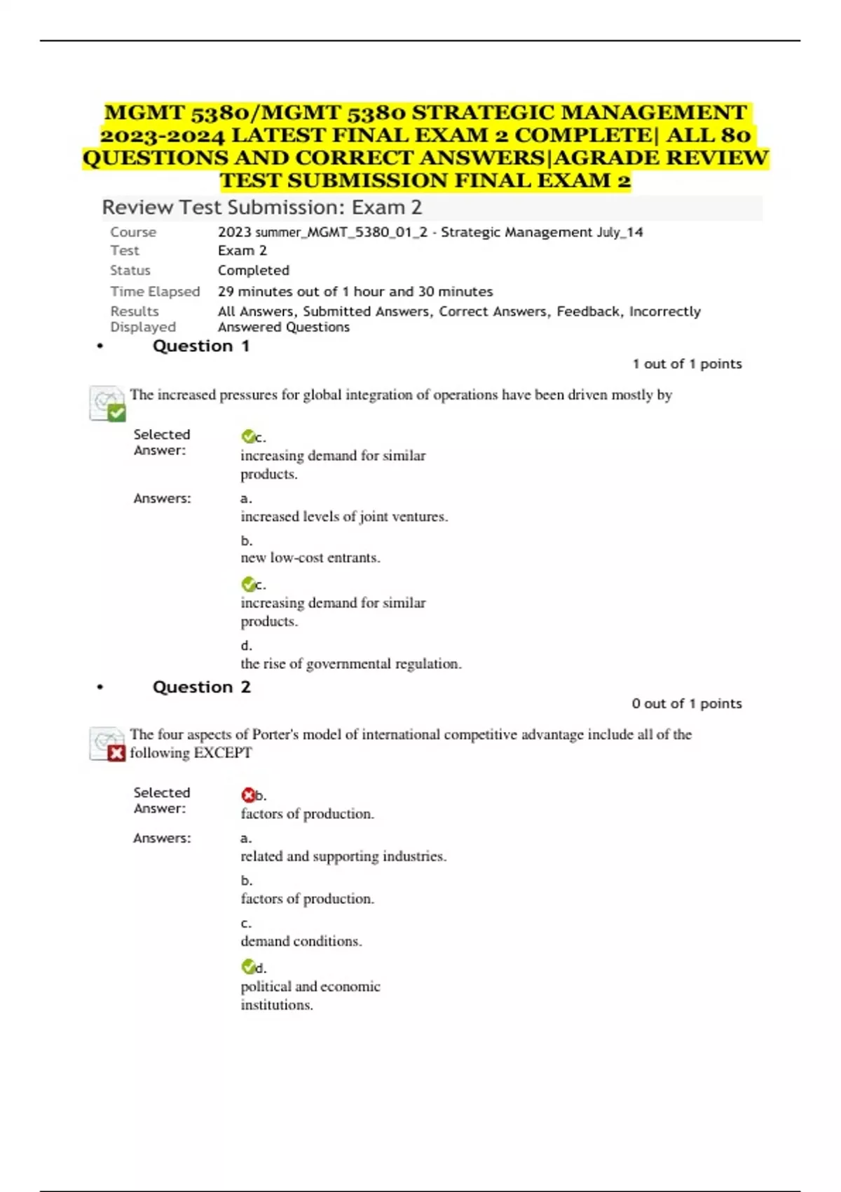 MGMT 5380/MGMT 5380 STRATEGIC MANAGEMENT LATEST FINAL EXAM 2 COMPLETE ...