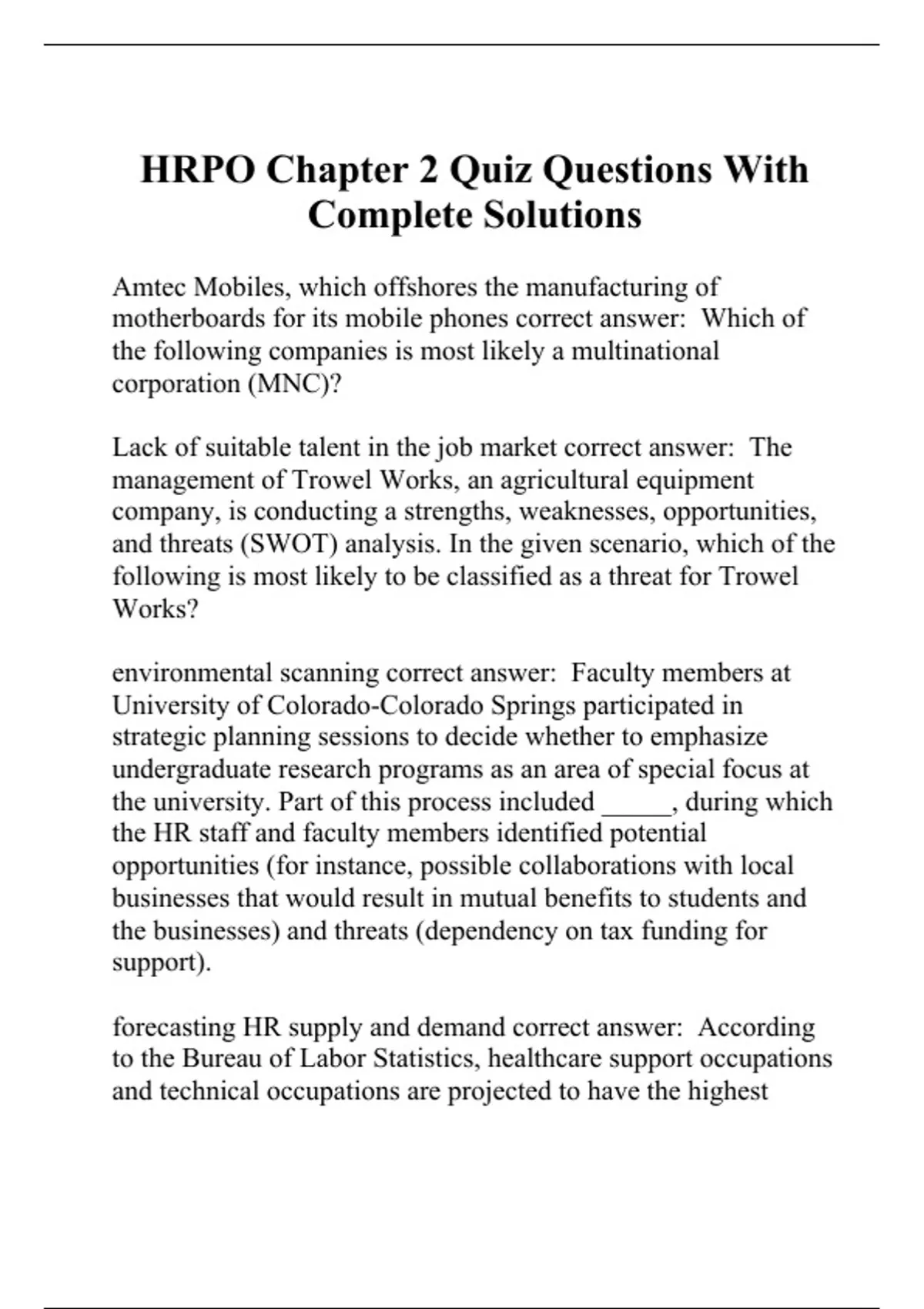 HRPO Chapter 2 Quiz Questions With Complete Solutions - HRPO - Stuvia US