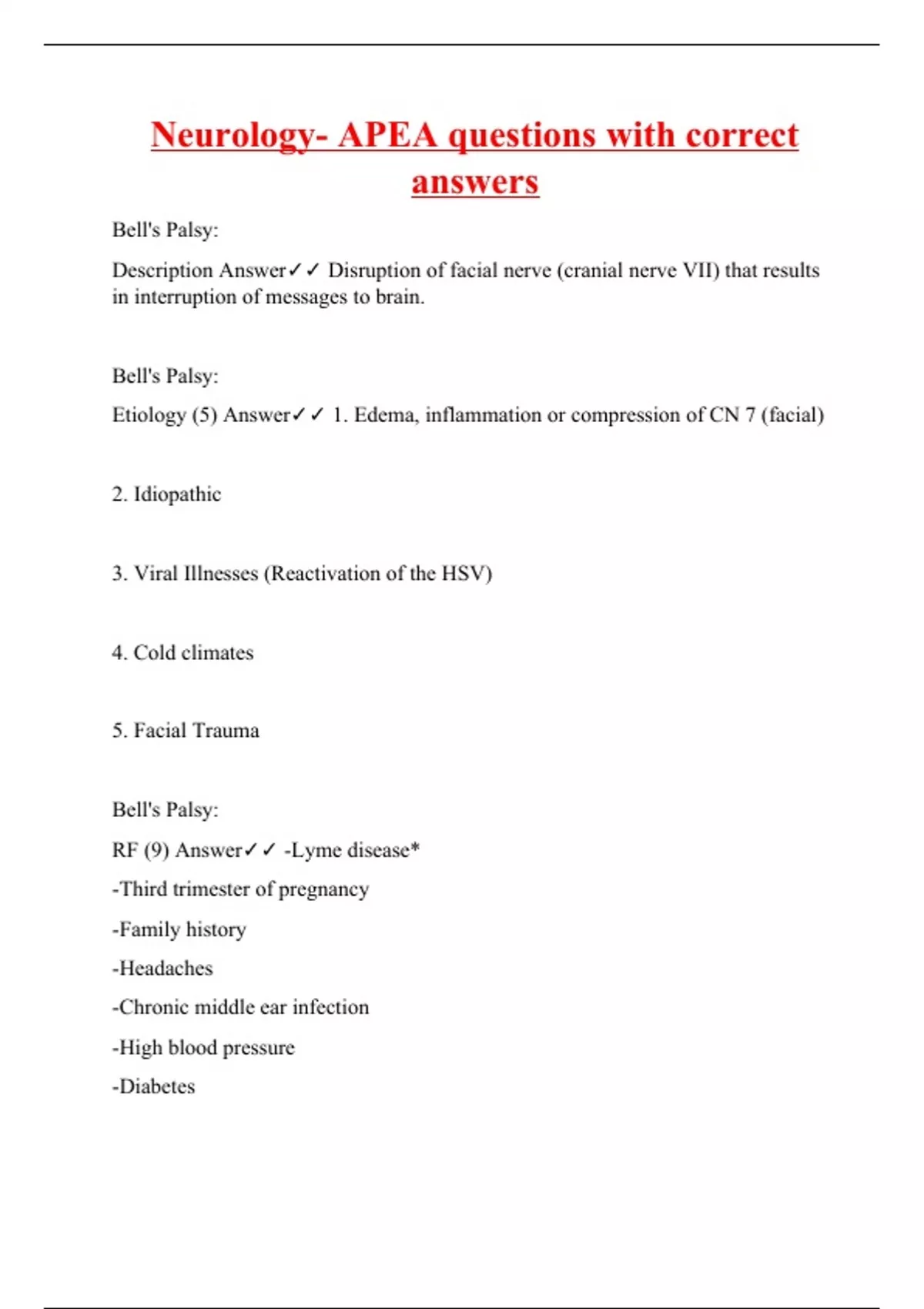 Neurology- APEA questions with correct answers - Apea - Stuvia US
