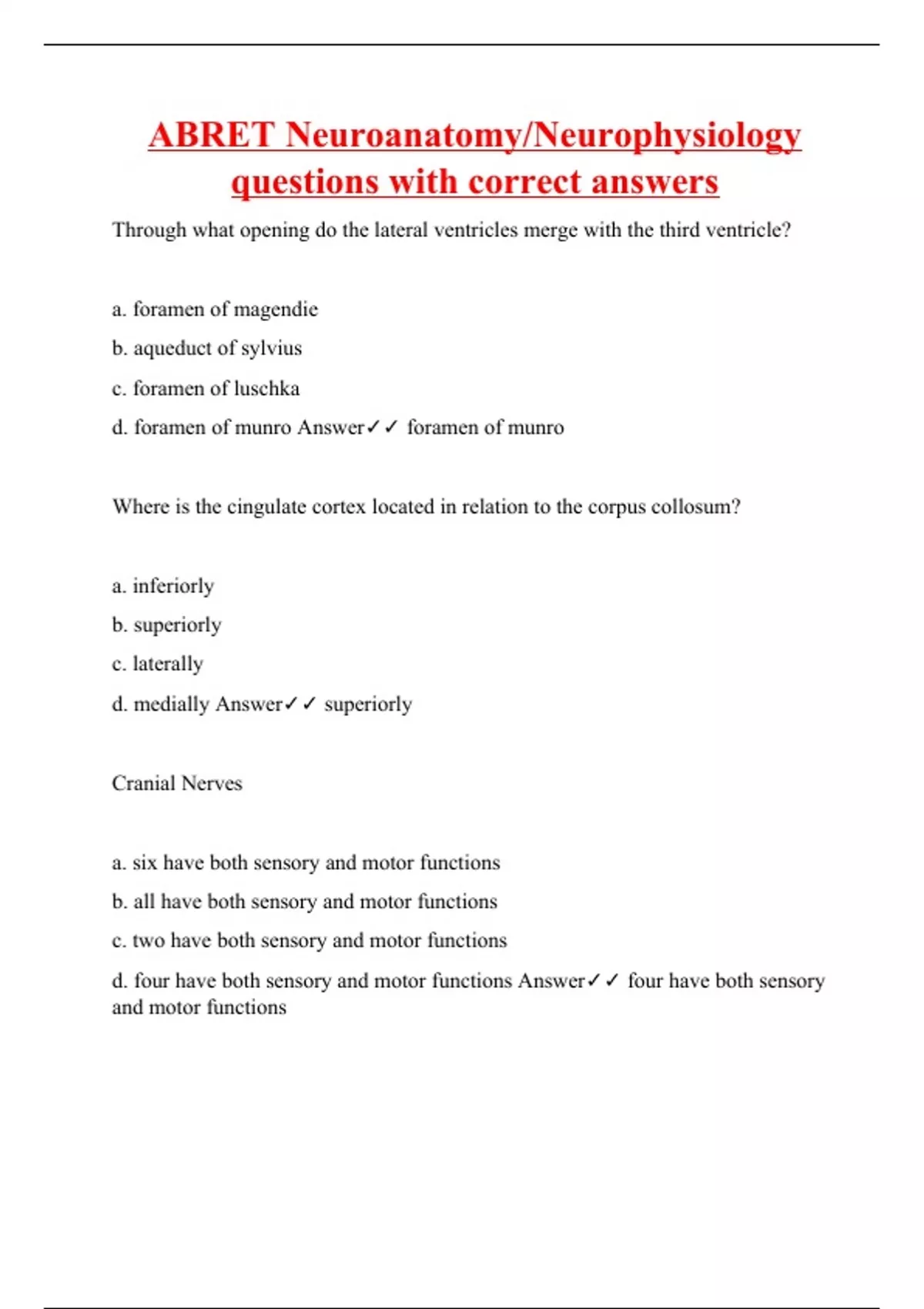 ABRET Neuroanatomy/Neurophysiology questions with correct answers ...