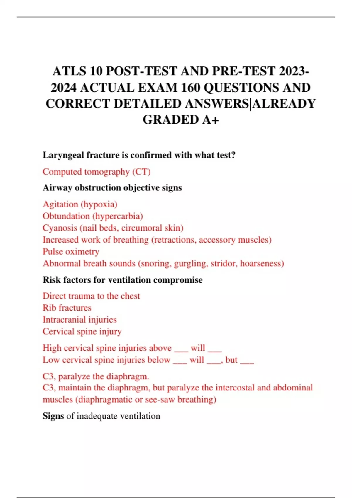 ATLS 10 POST TEST AND PRE TEST ACTUAL EXAM 160 QUESTIONS AND CORRECT