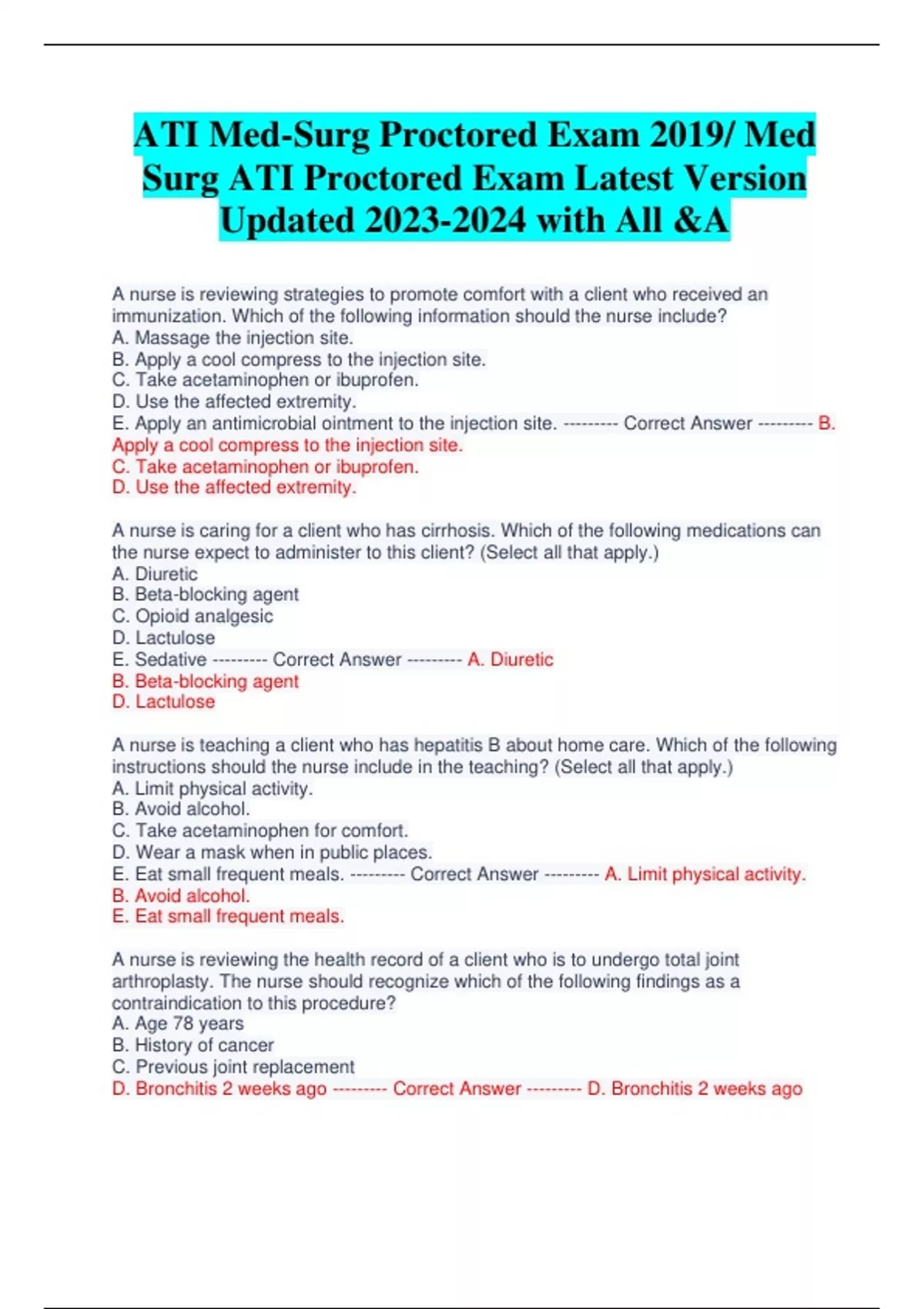 ATI Med-Surg Proctored Exam 2019/ Med Surg ATI Proctored Exam Latest ...