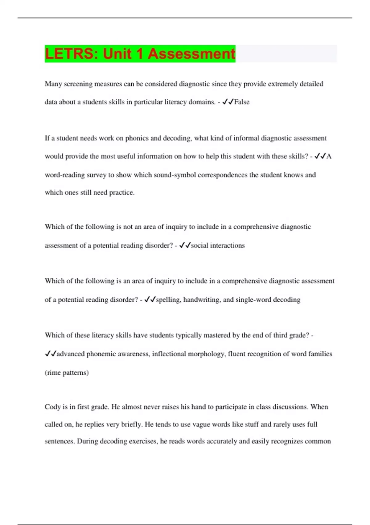 LETRS: Unit 1 Assessment | 100 Questions with 100% Correct Answers ...