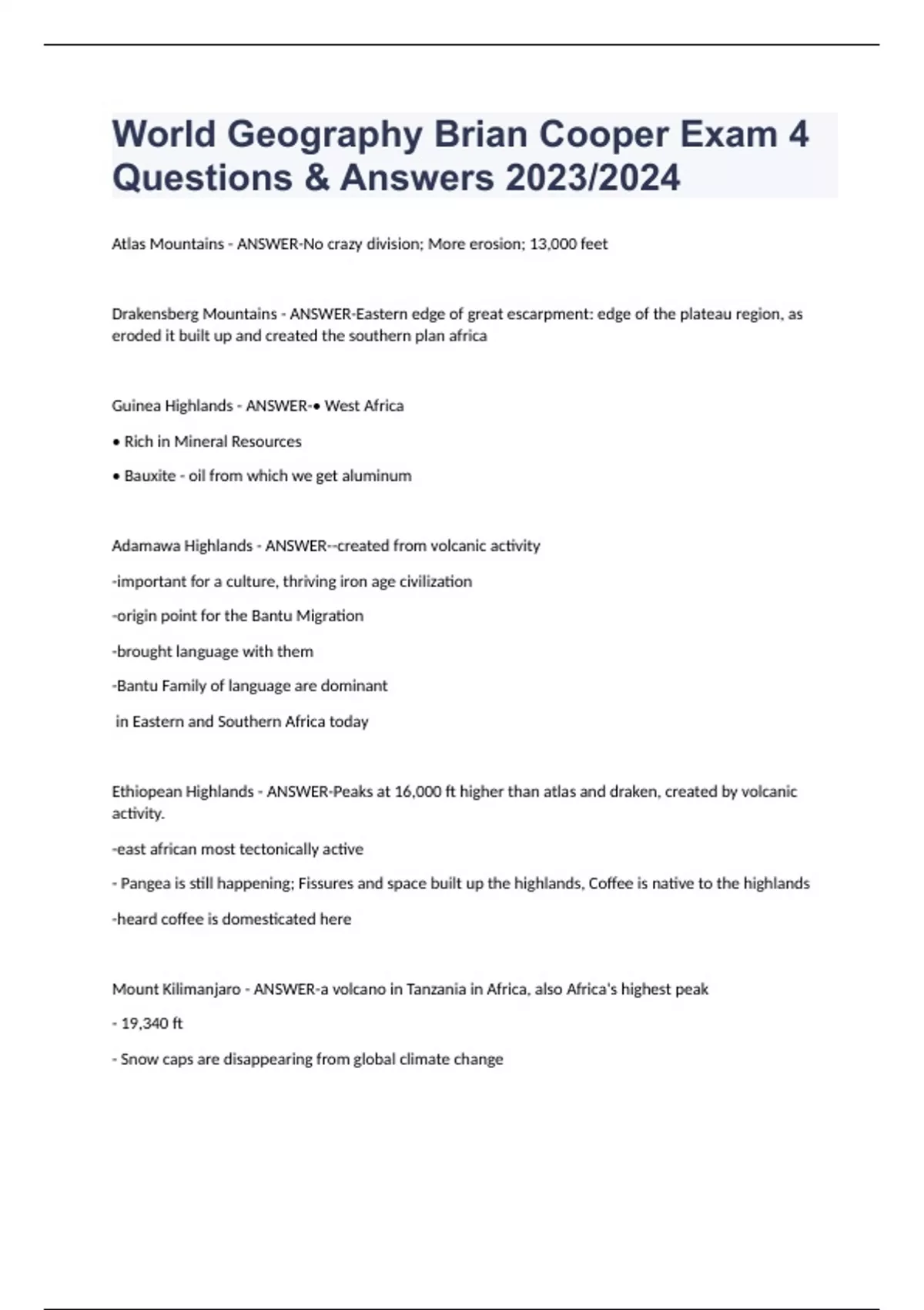 World Geography Brian Cooper Exam 4 Questions & Answers 2023/2024 ...