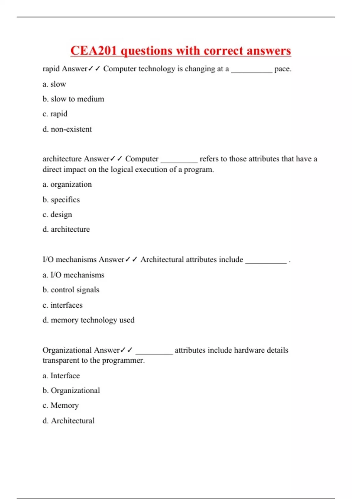 CEA201 questions with correct answers - Computer Architecture CEA 201 - Stuvia US