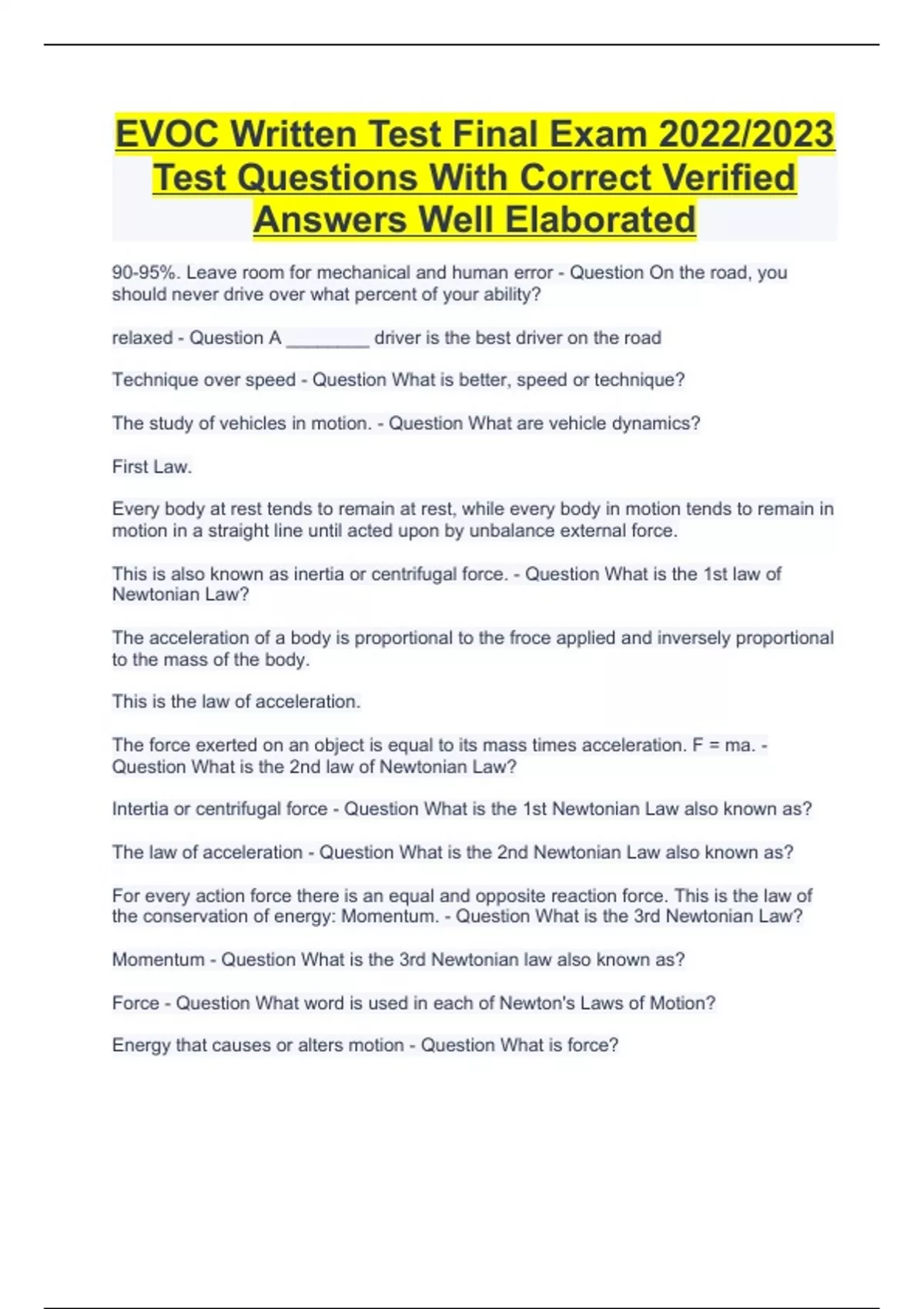 EVOC Written Test Final Exam 2022/2023 Test Questions With Correct ...