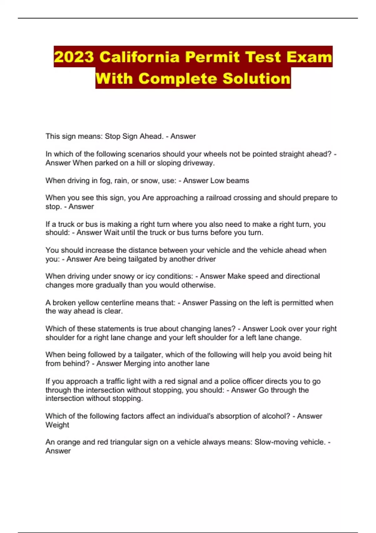 2023 California Permit Test Exam With Complete Solution - 2023 ...