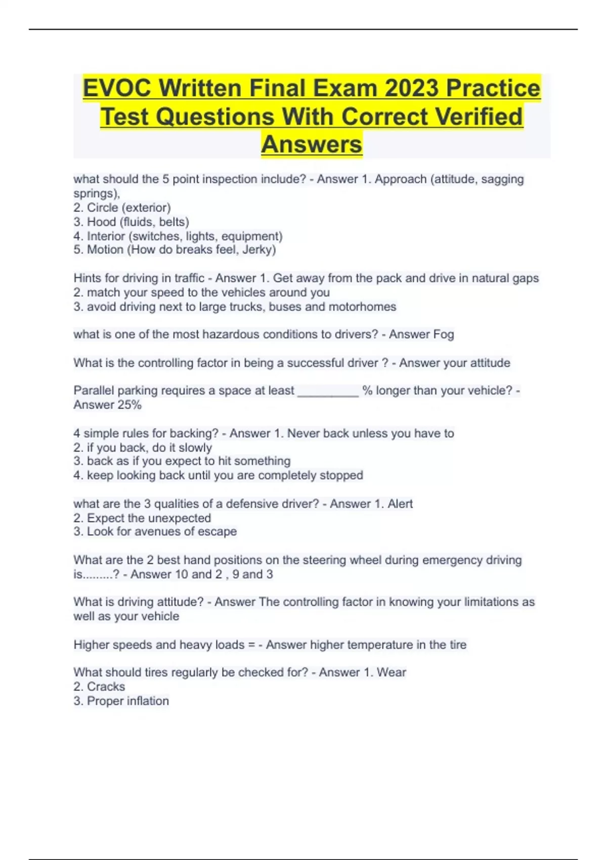 EVOC Written Final Exam 2023 Practice Test Questions With Correct ...