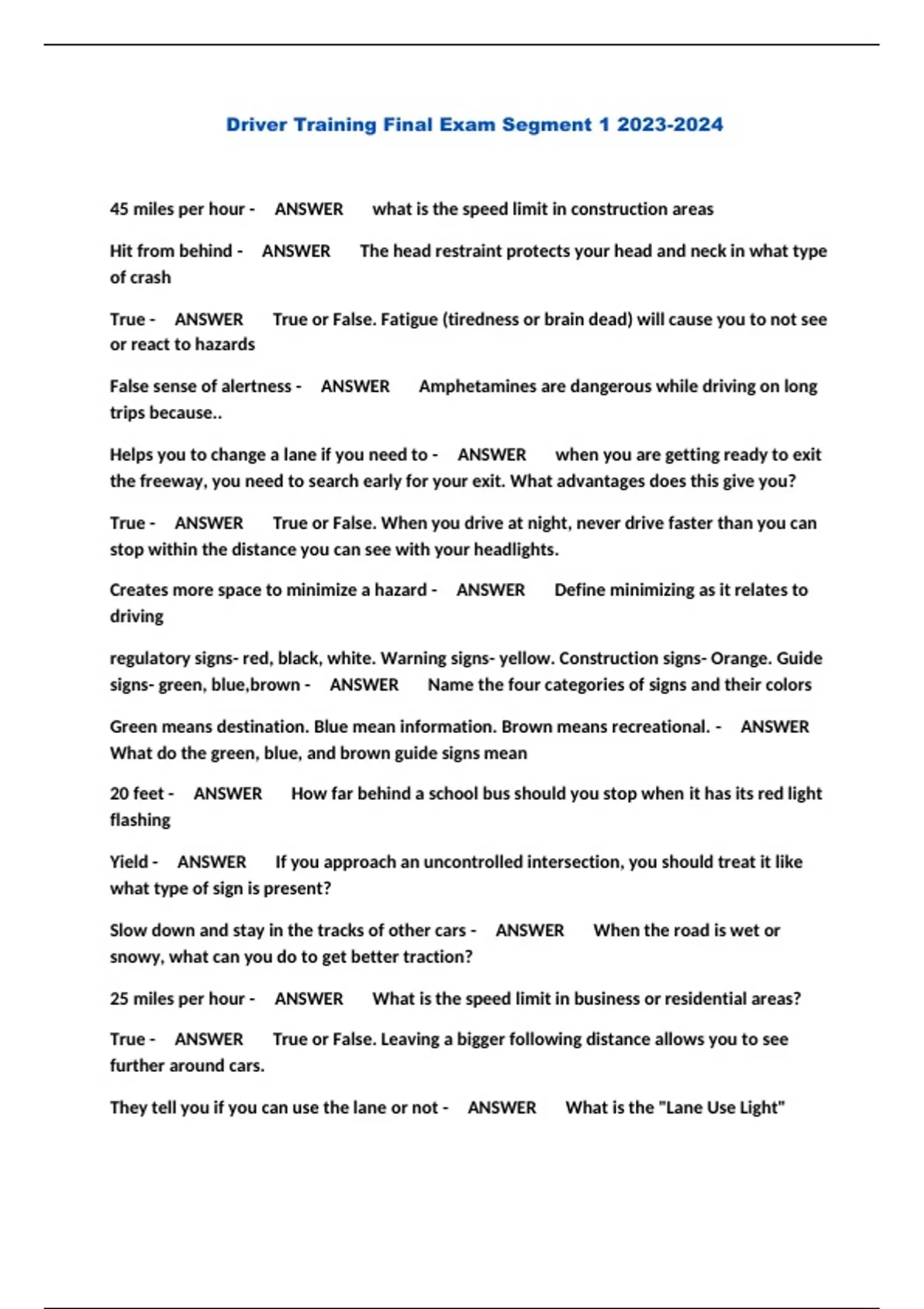 Driver Training Final Exam Segment - Driver Training - Stuvia US