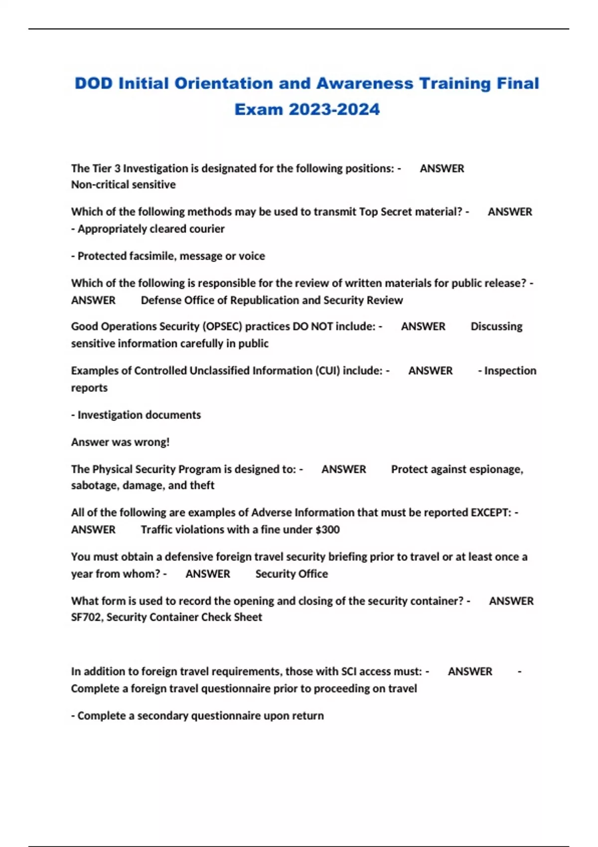 DOD Initial Orientation and Awareness Training Final Exam - DOD Initial ...