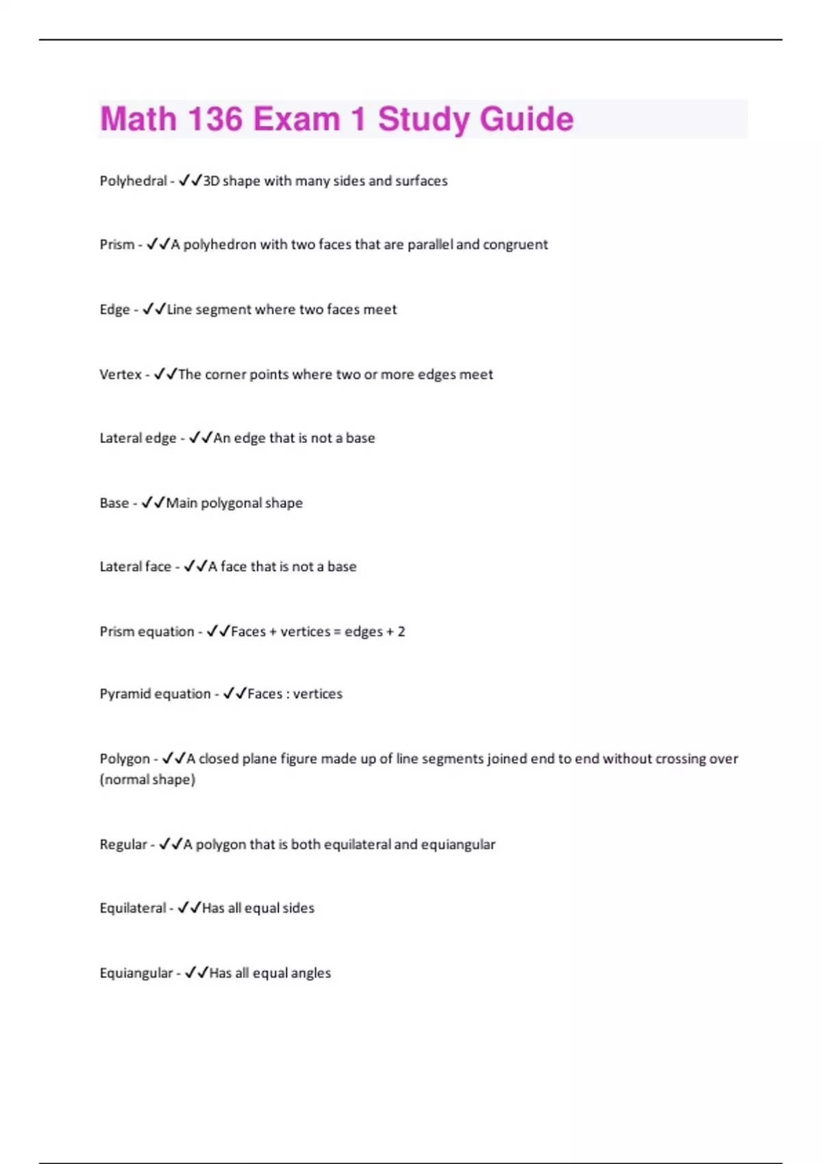 Math 136 Exam 1 Study Guide | Questions and Answers with complete ...
