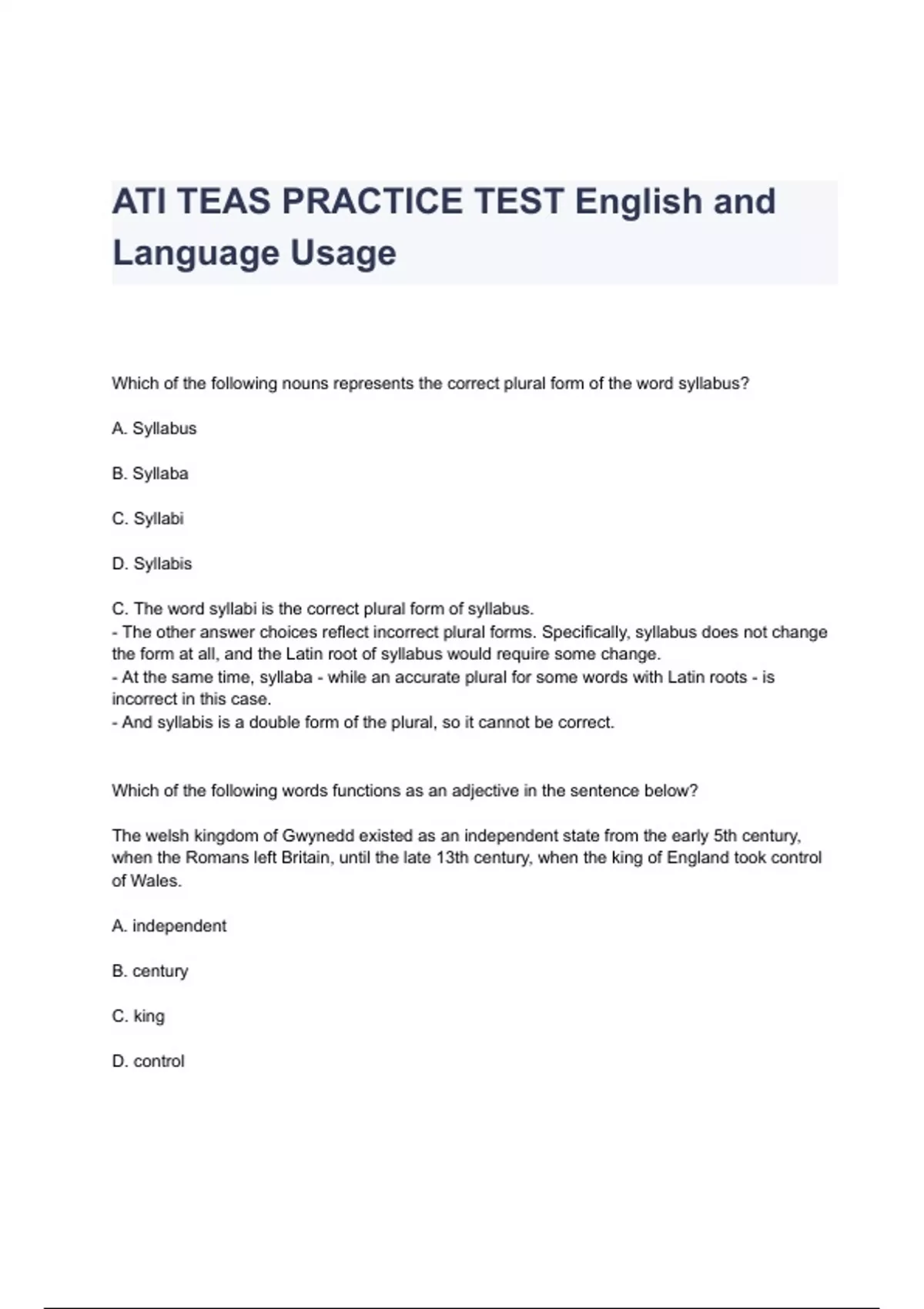 ATI TEAS PRACTICE TEST English and Language Usage Questions & Answers ...