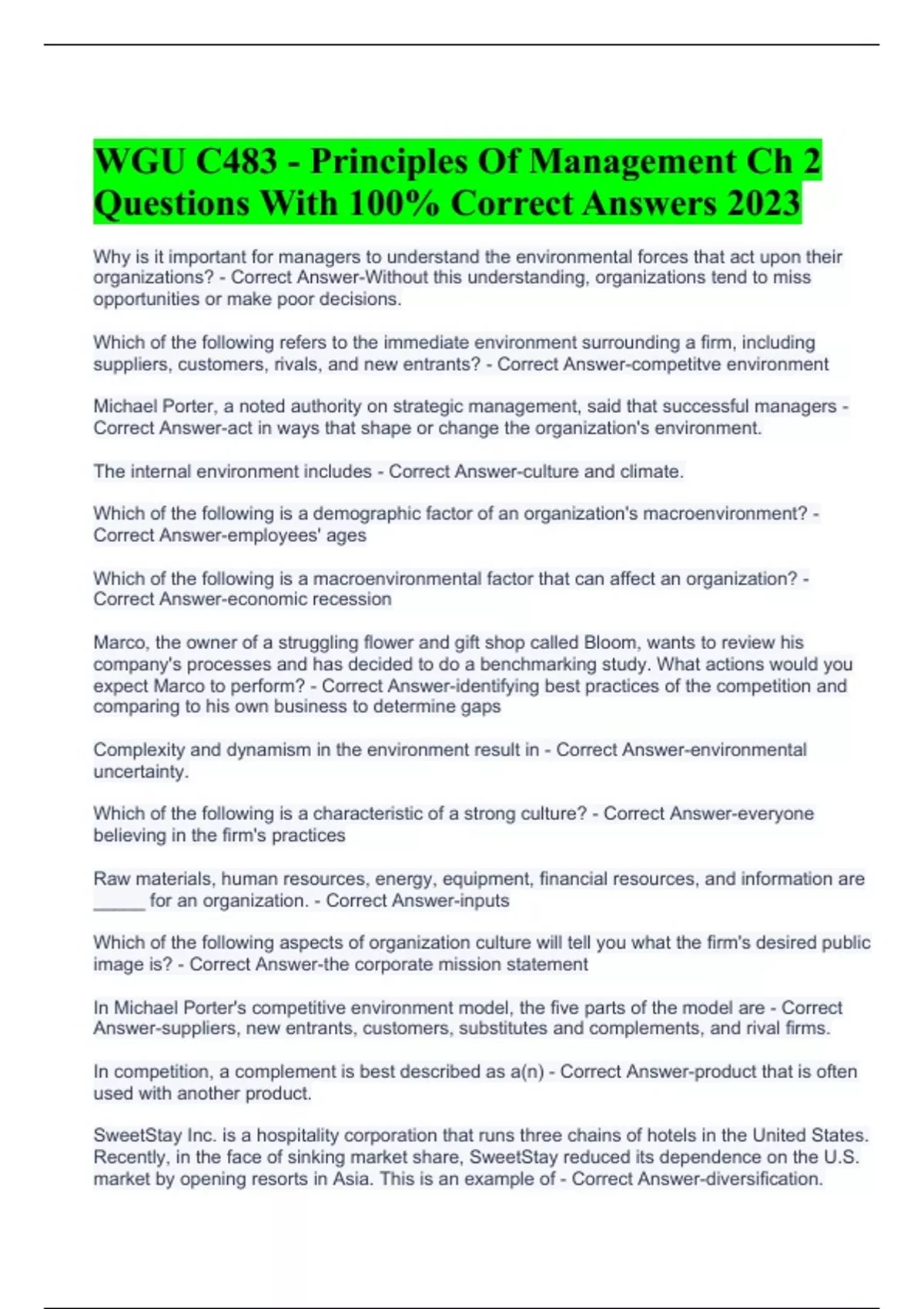 WGU C483 - Principles Of Management Ch 2 Questions With 100% Correct ...