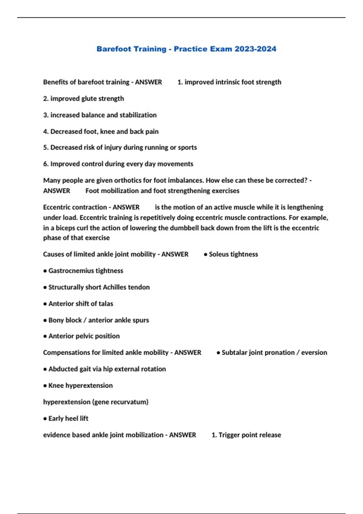 Barefoot Training - Practice Exam - Barefoot Training - Stuvia US
