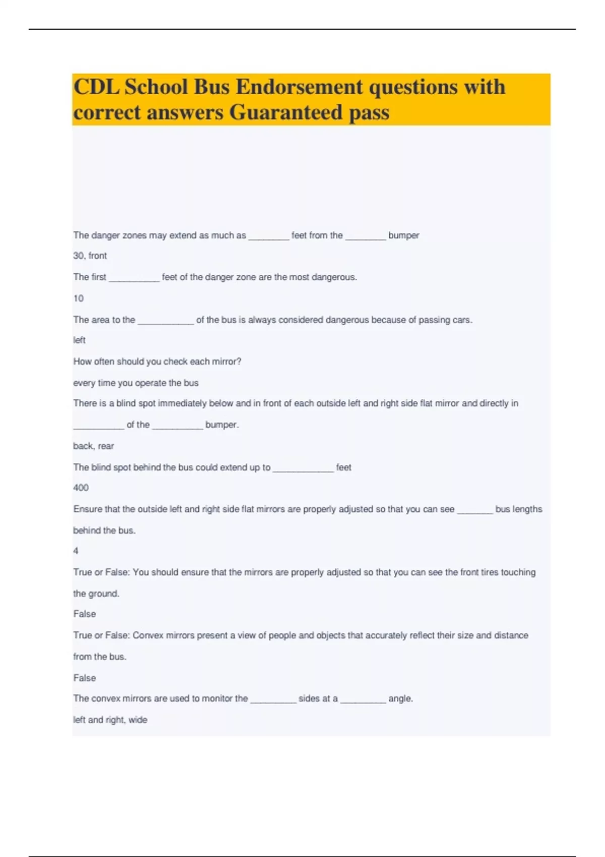 CDL School Bus Endorsement questions with correct answers Guaranteed pass - Cdl - Stuvia US