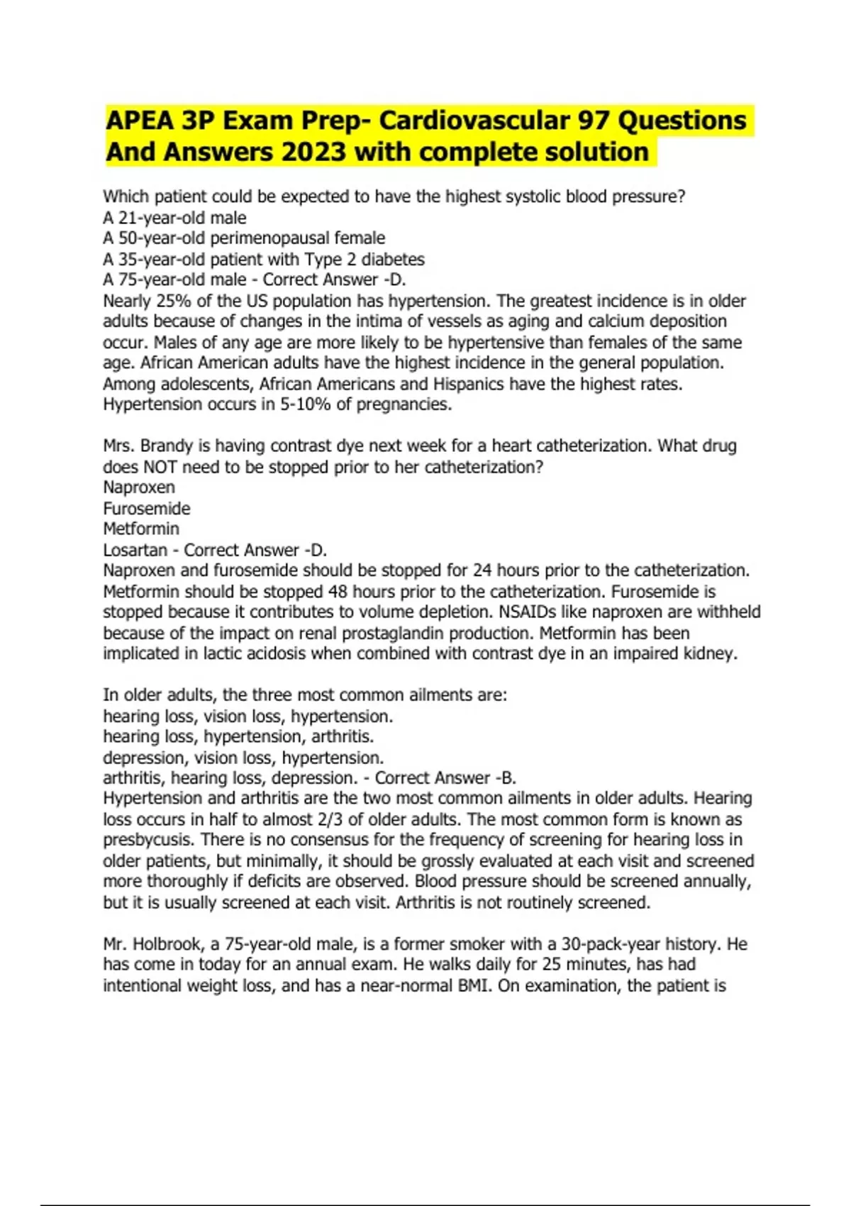 APEA 3P Exam Prep- Cardiovascular 97 Questions And Answers 2023 with complete solution. - Apea ...