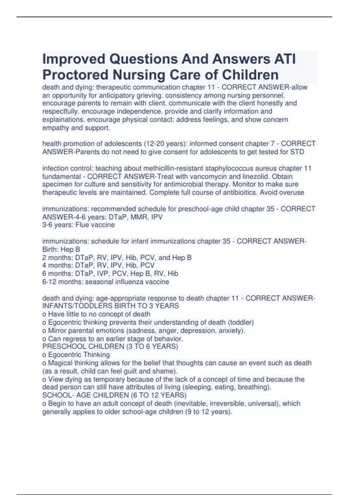 Improved Questions And Answers ATI Proctored Nursing Care of Children ...