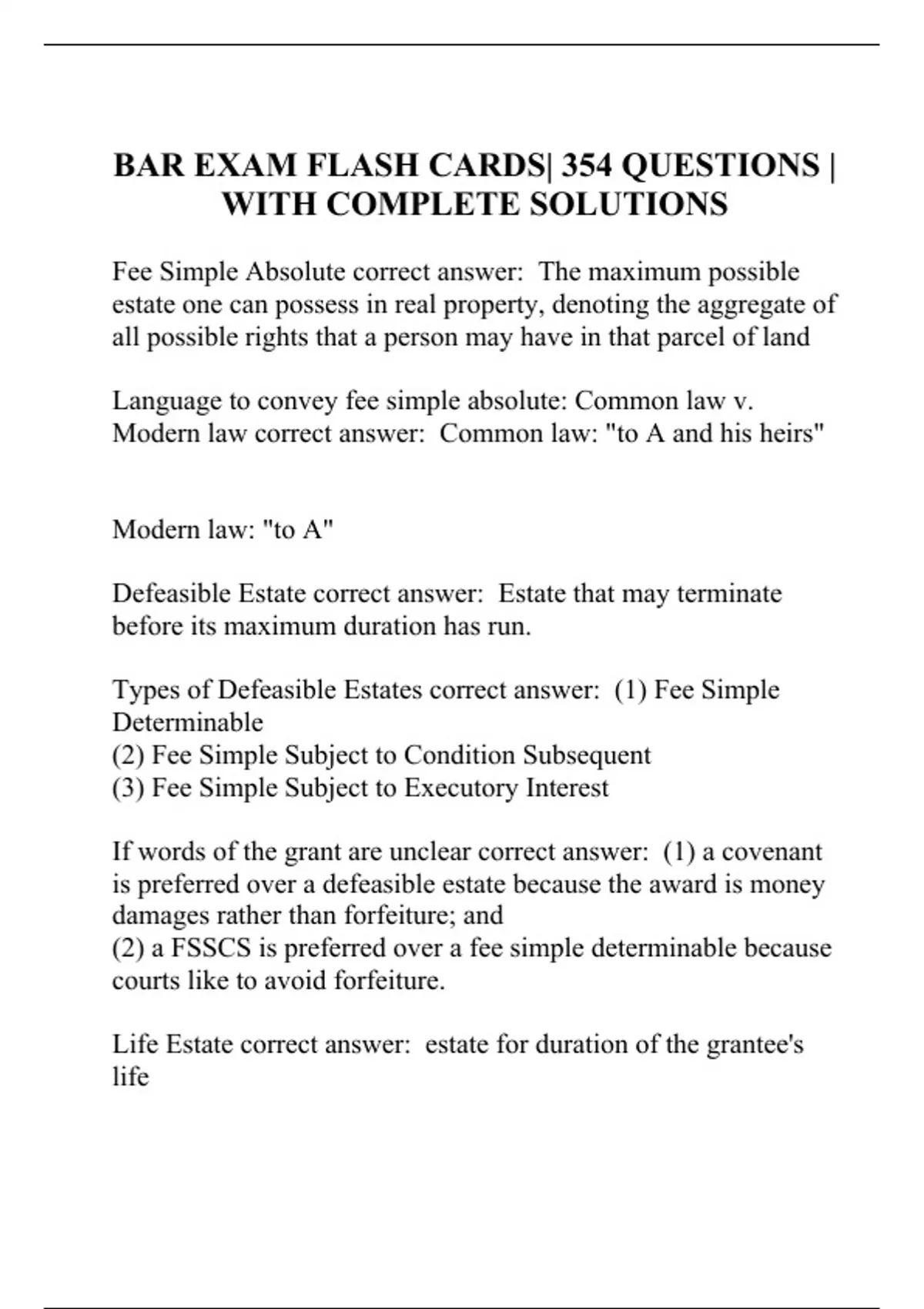 BAR EXAM FLASH CARDS| 354 QUESTIONS | WITH COMPLETE SOLUTIONS - FLORIDA ...