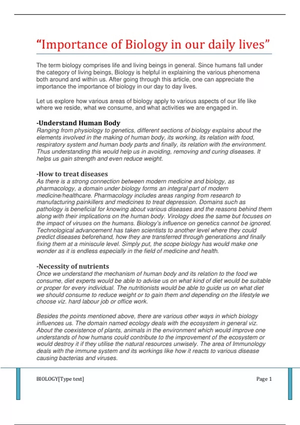 THE IMPORTANCE OF BIOLOGY IN OUR DAILY LIFE. - Science - Stuvia US