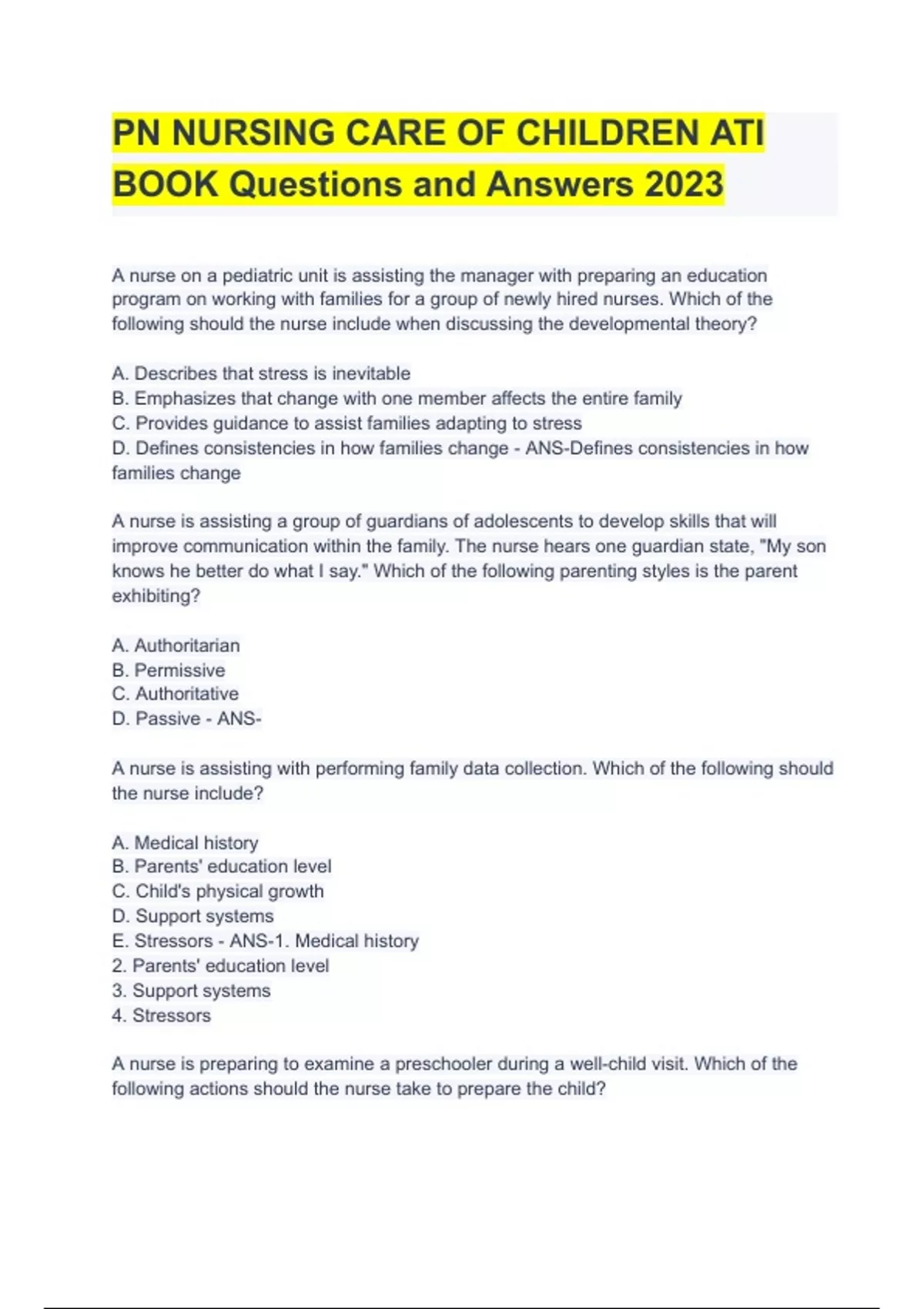 PN NURSING CARE OF CHILDREN ATI BOOK Questions and Answers 2023 - PN ...
