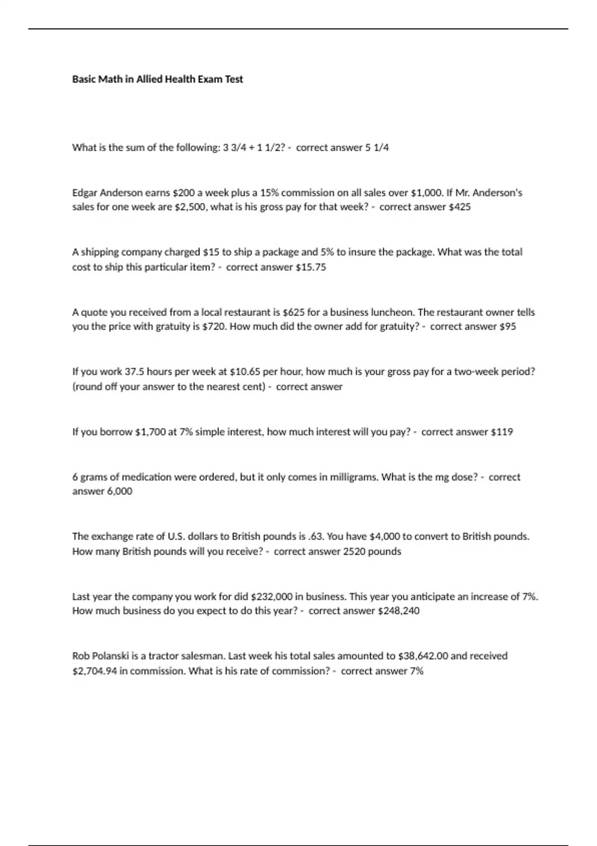 Basic Math in Allied Health Exam Test 2023 questions and verified ...