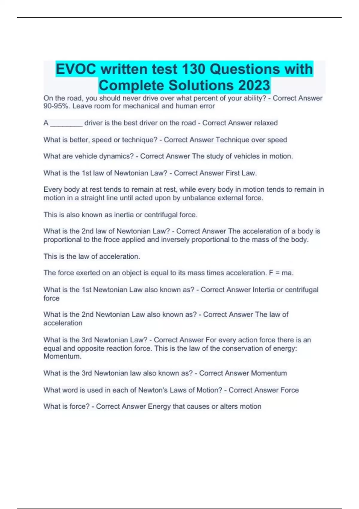 EVOC written test 130 Questions with Complete Solutions 2023 - EVOC ...