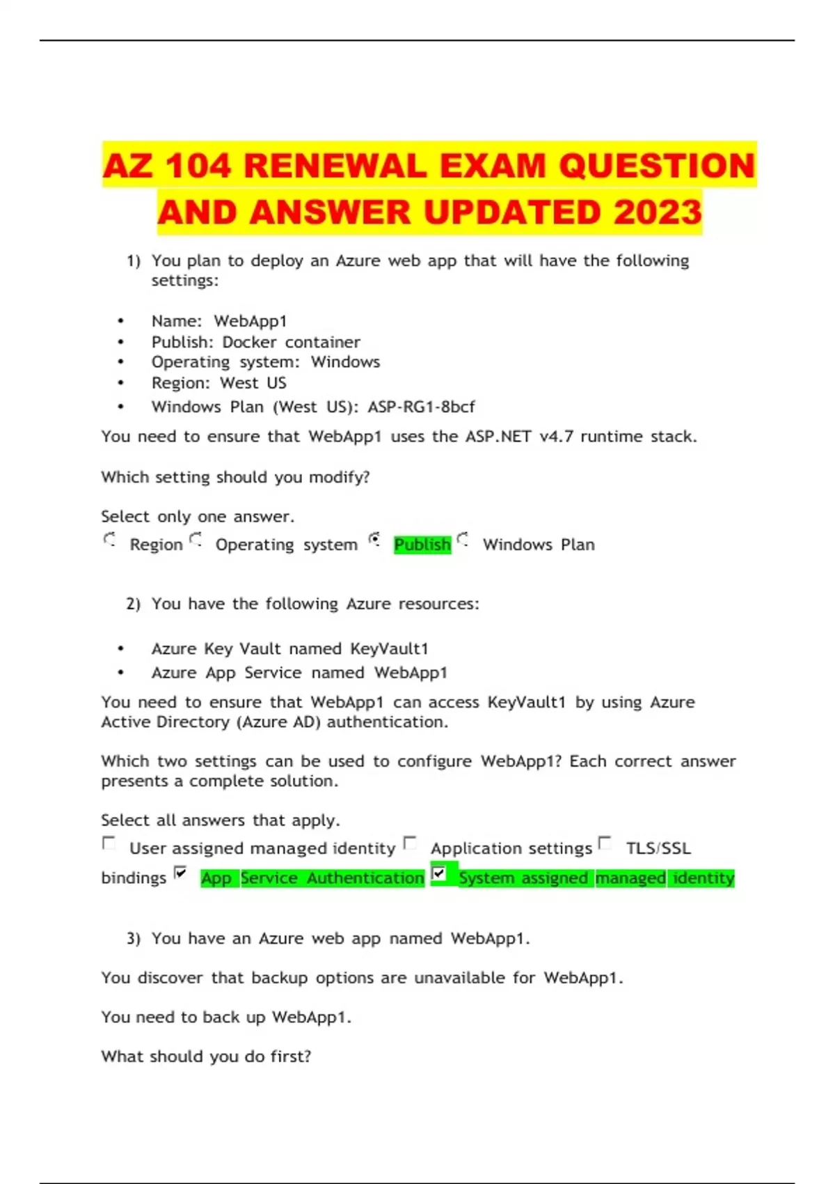 AZ 104 RENEWAL EXAM QUESTION AND ANSWER UPDATED 2023 - AZ 104 RENEWAL ...