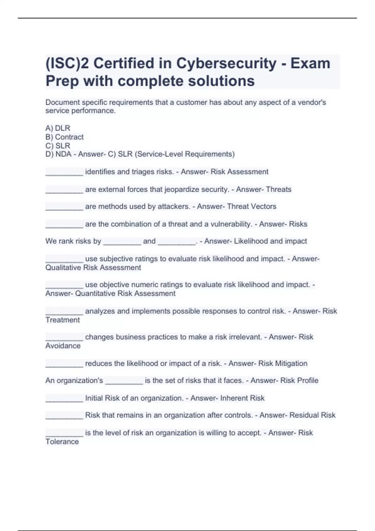 (ISC)2 Certified in Cybersecurity - Exam Prep with complete solutions ...