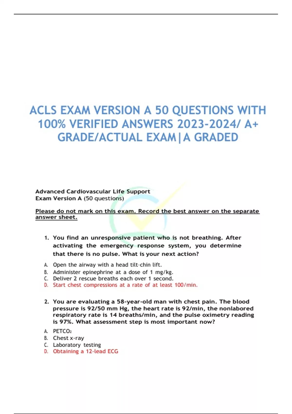 ACLS EXAM VERSION A 50 QUESTIONS WITH 100% VERIFIED ANSWERS / A+ GRADE ...