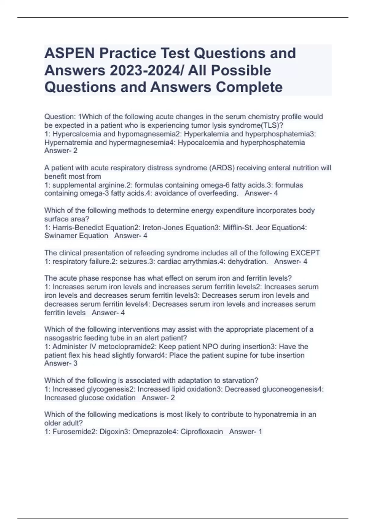 ASPEN Practice Test Questions and Answers / All Possible Questions and ...