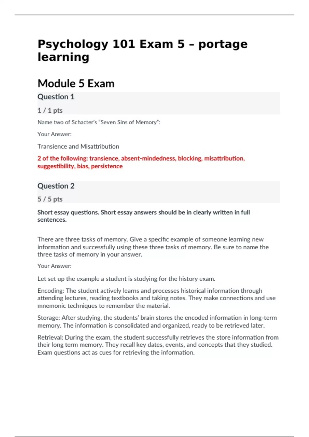 PSYC 101: General Psychology portage learning Module Exam 5 Questions and Answers - PSYC 101 ...