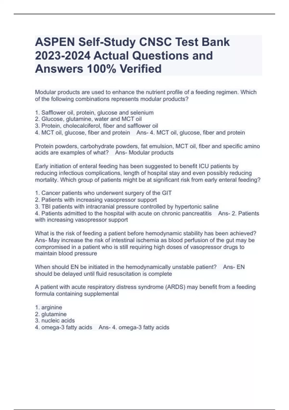 ASPEN Self-Study CNSC Test Bank Actual Questions and Answers 100% ...