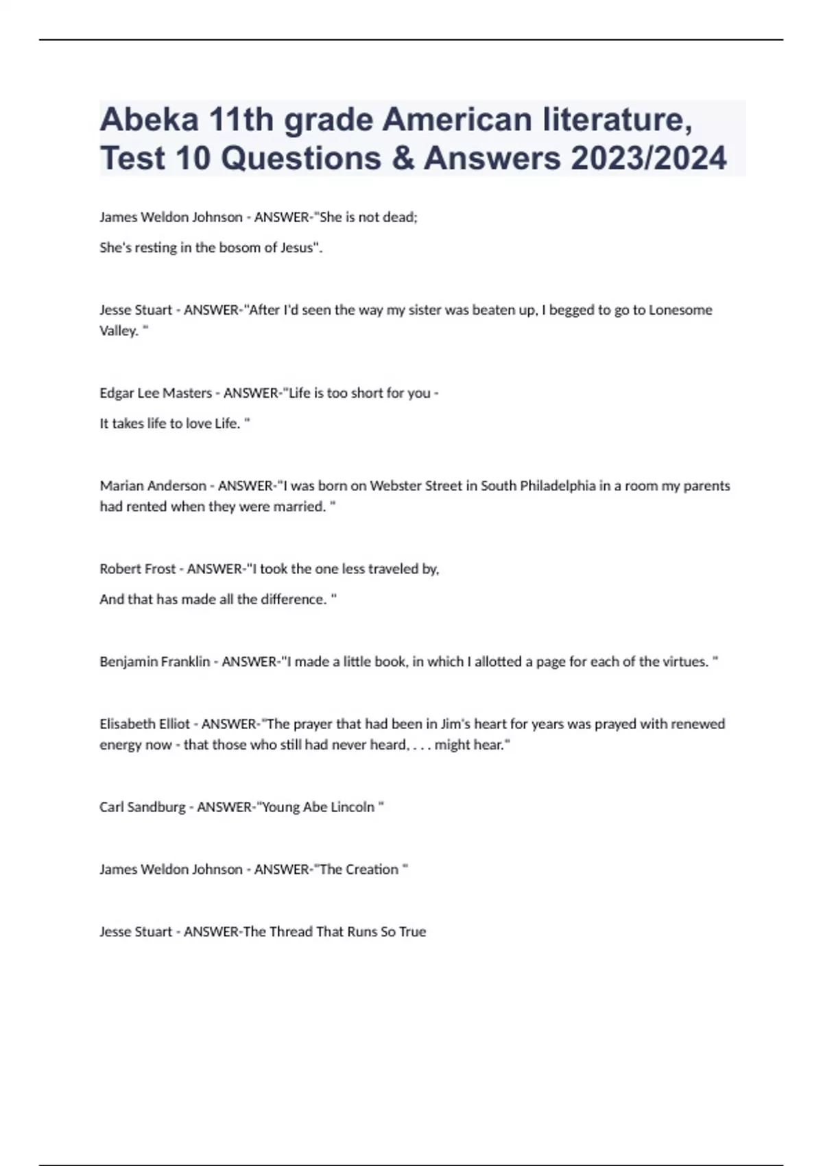 Abeka 11th grade American literature, Test 10 Questions & Answers 2023/ ...