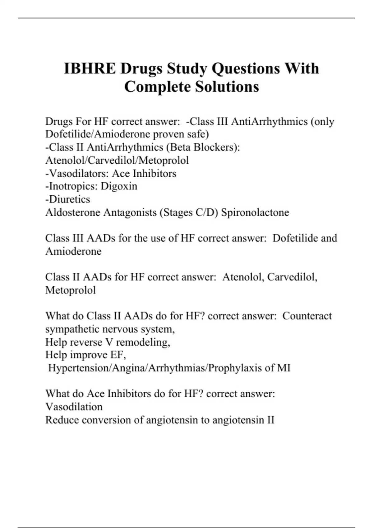 IBHRE Drugs Study Questions With Complete Solutions - IBHRE - Stuvia US