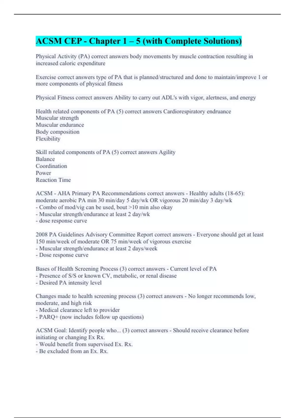 ACSM CEP - Chapter 1 – 5 (with Complete Solutions) - ACSM CEP - Stuvia US