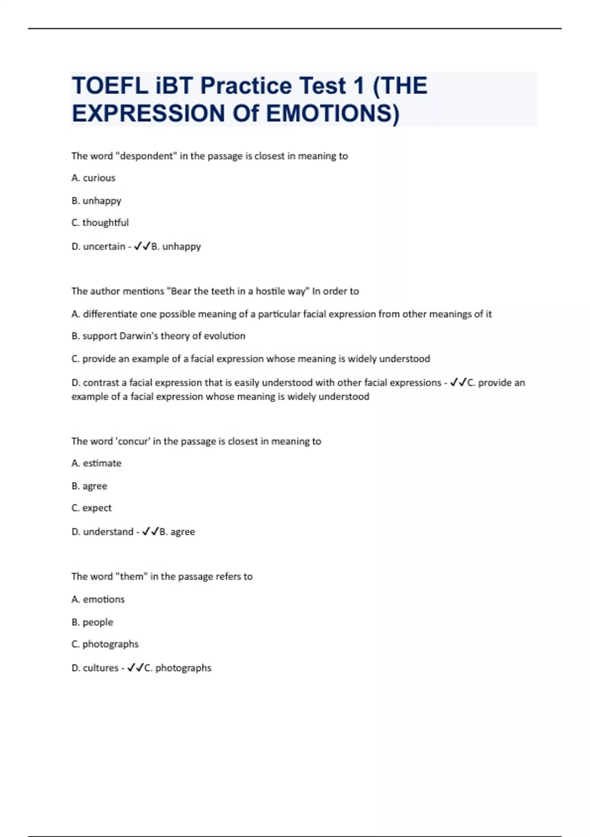 TOEFL iBT Practice Test 1 (THE EXPRESSION Of EMOTIONS) | Questions and ...