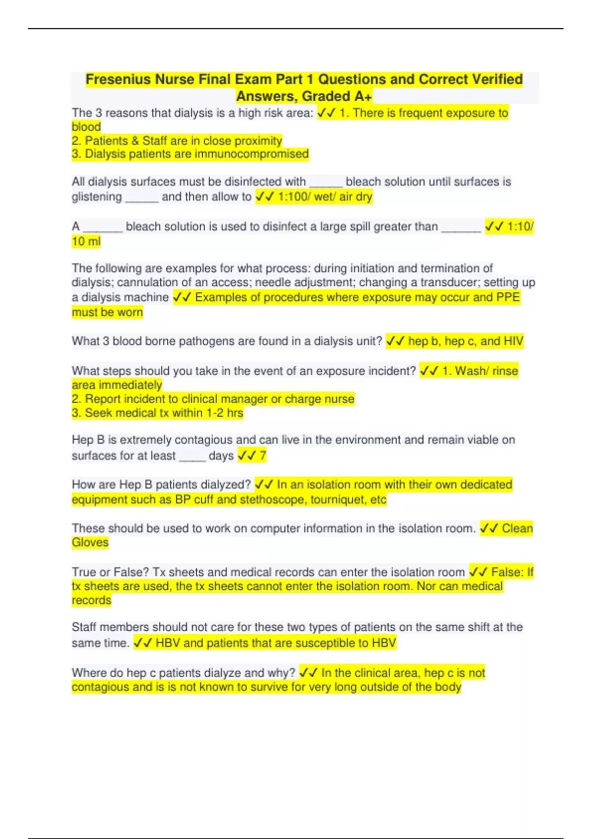 Fresenius Nurse Final Exam Part 1 Questions And Correct Verified Answers Graded A Fresenius