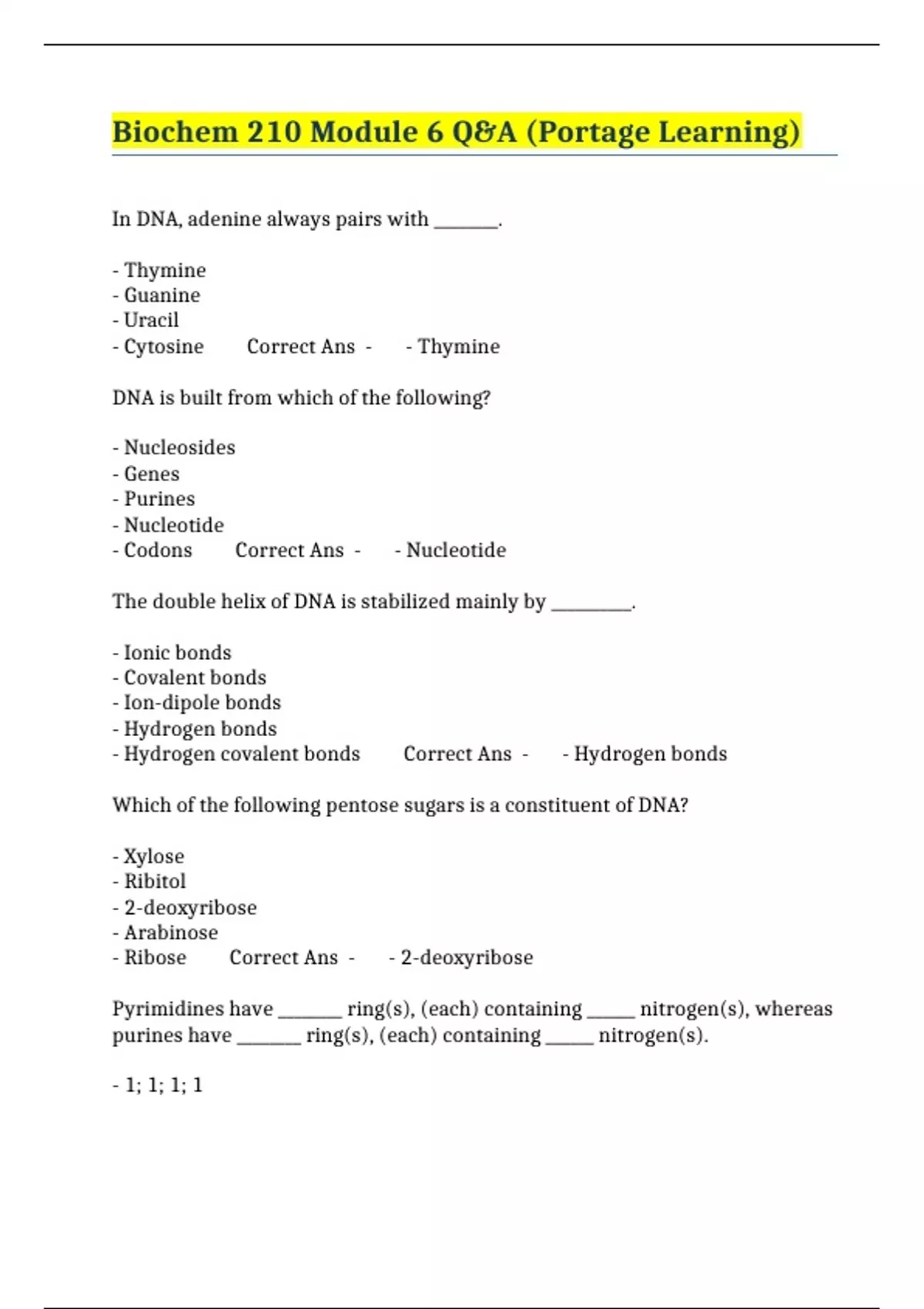 Biochem 210 Module 6 Q&A (Portage Learning) - Biochem 210 Module 6 Q&A ...
