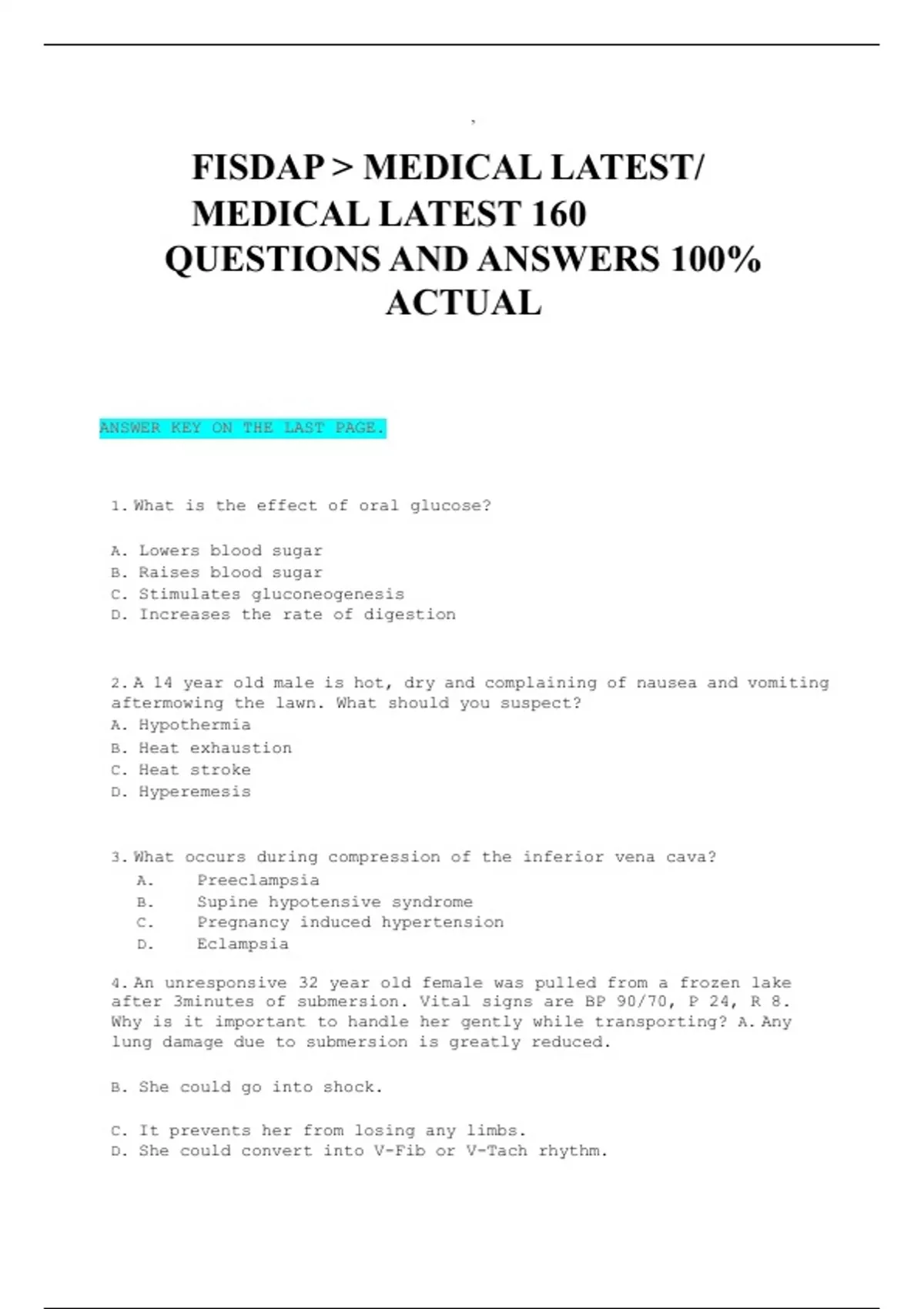 FISDAP MEDICAL QUESTIONS WITH ANSWERS - EMT FISDAP - Stuvia US