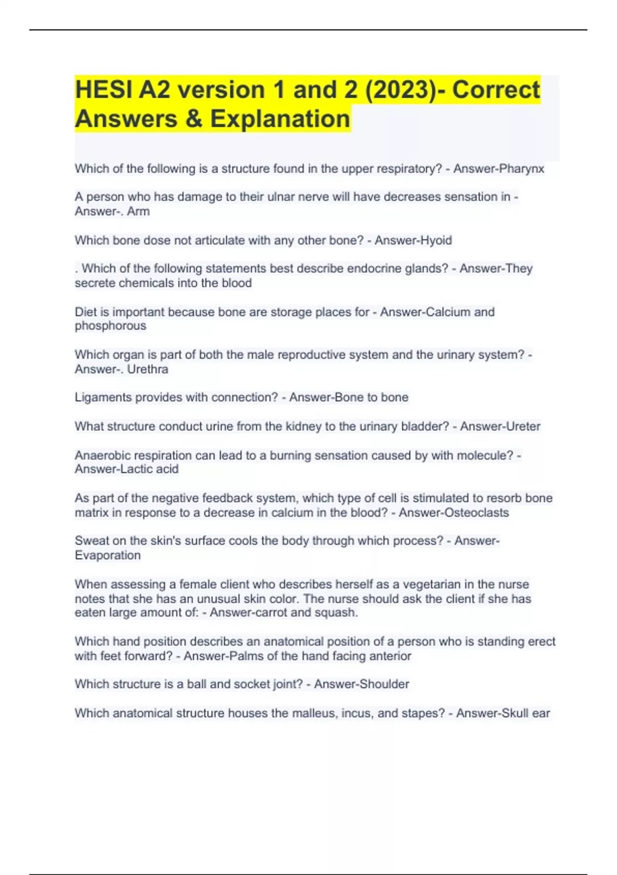 HESI A2 version 1 and 2 (2023)- Correct Answers & Explanation - Hesi A2 ...