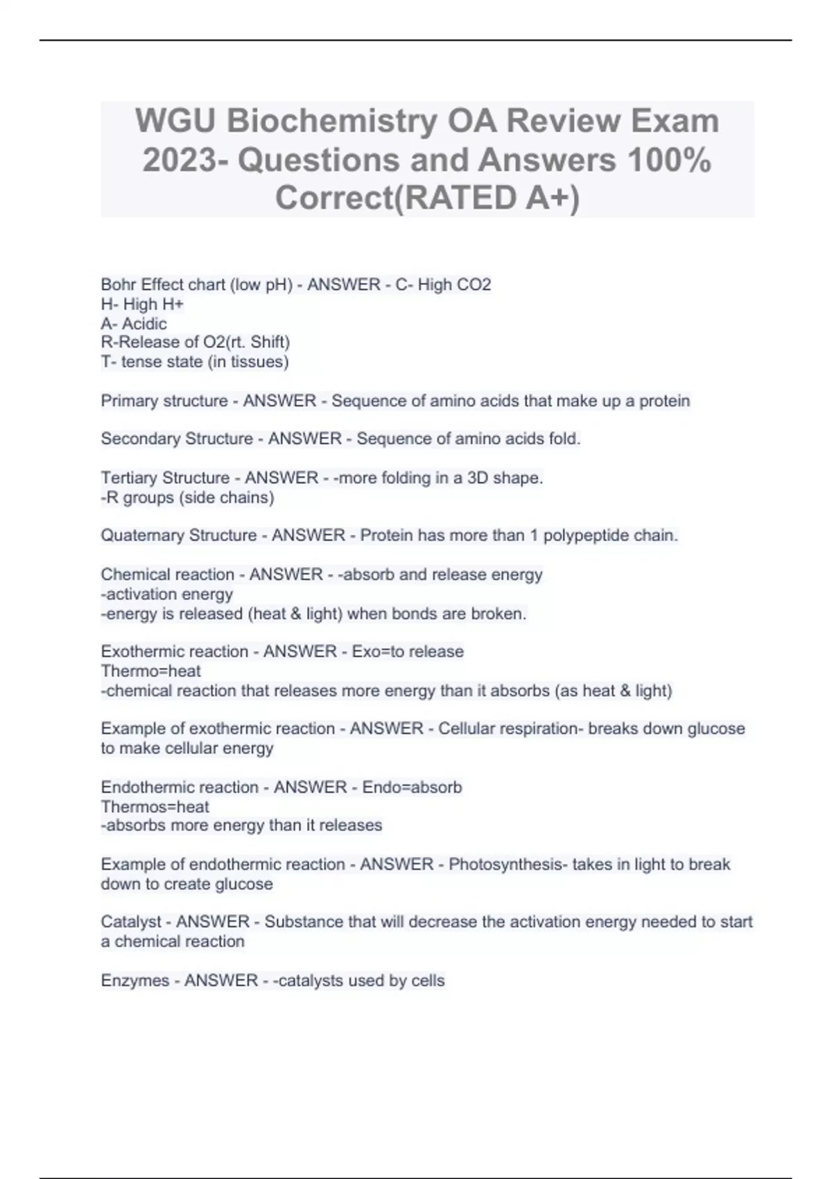 WGU Biochemistry OA Review Exam 2023- Questions and Answers 100% ...