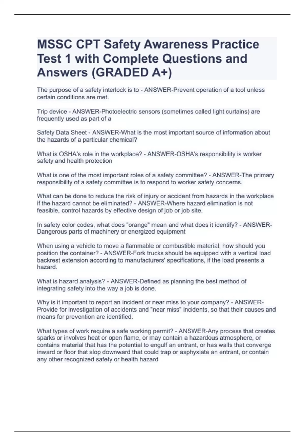 MSSC CPT Safety Awareness Practice Test 1 with Complete Questions and ...