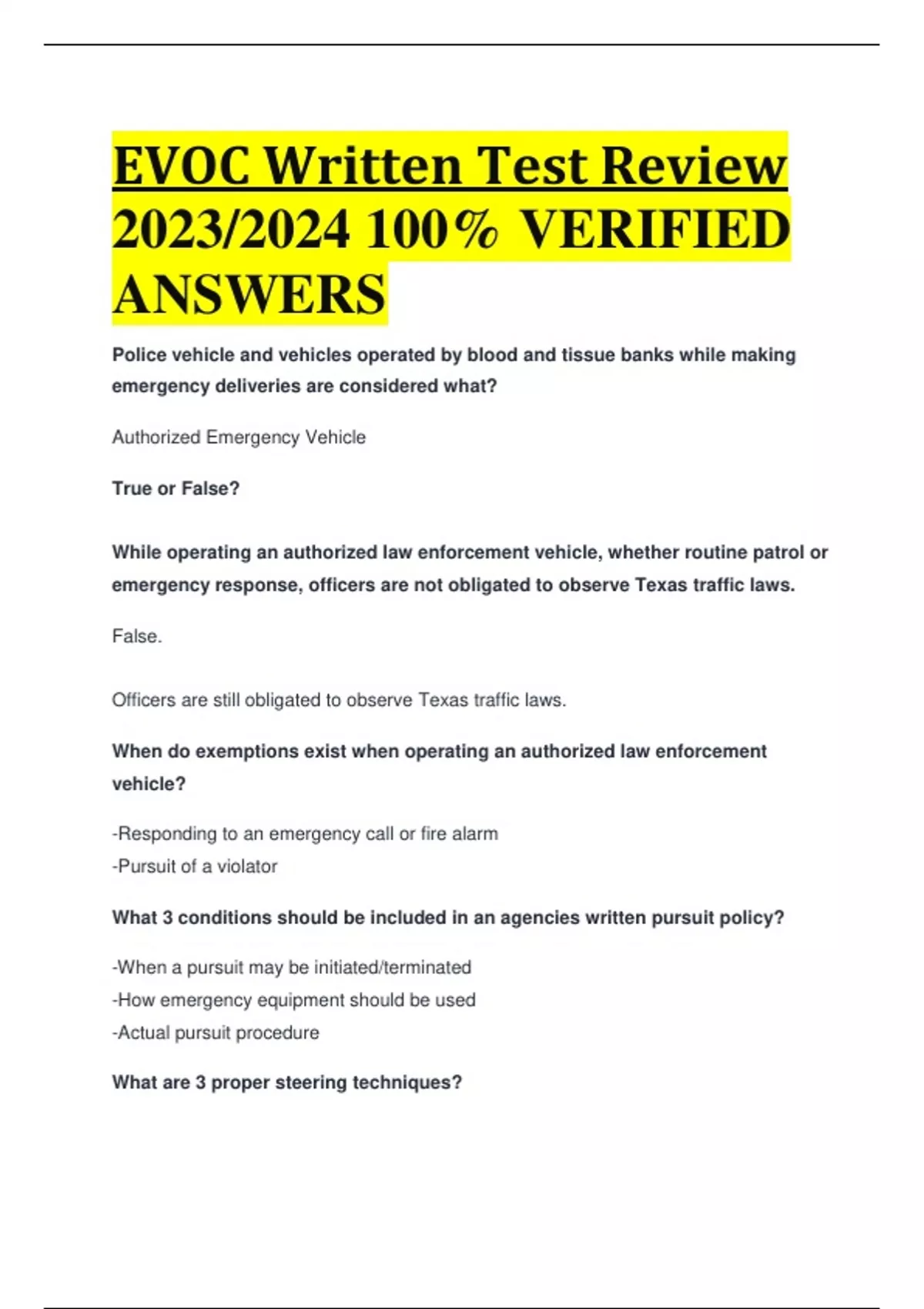 EVOC Written Test Review 2023 2024 100 VERIFIED ANSWERS EVOC Written EVOC Written Test Review 2023 2024 100 VERIFIED ANSWERS EVOC Written