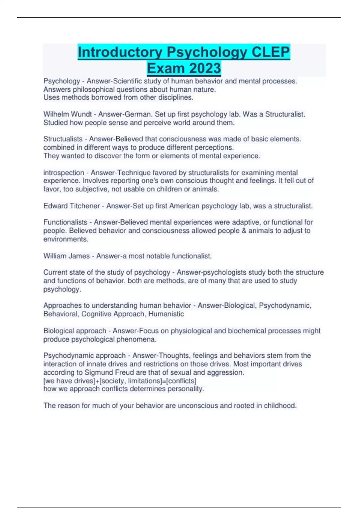 Introductory Psychology CLEP Exam 2023 - Introductory Psychology CLEP ...
