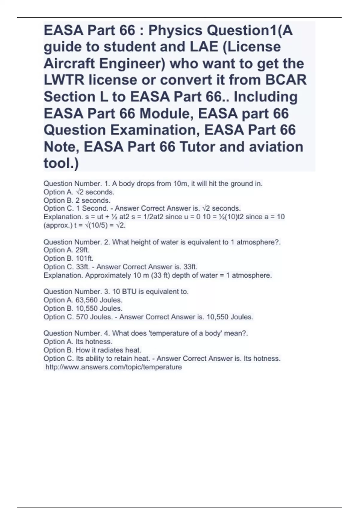 EASA Part 66 : Physics Question1(A guide to student and LAE (License Aircraft Engineer) who want ...