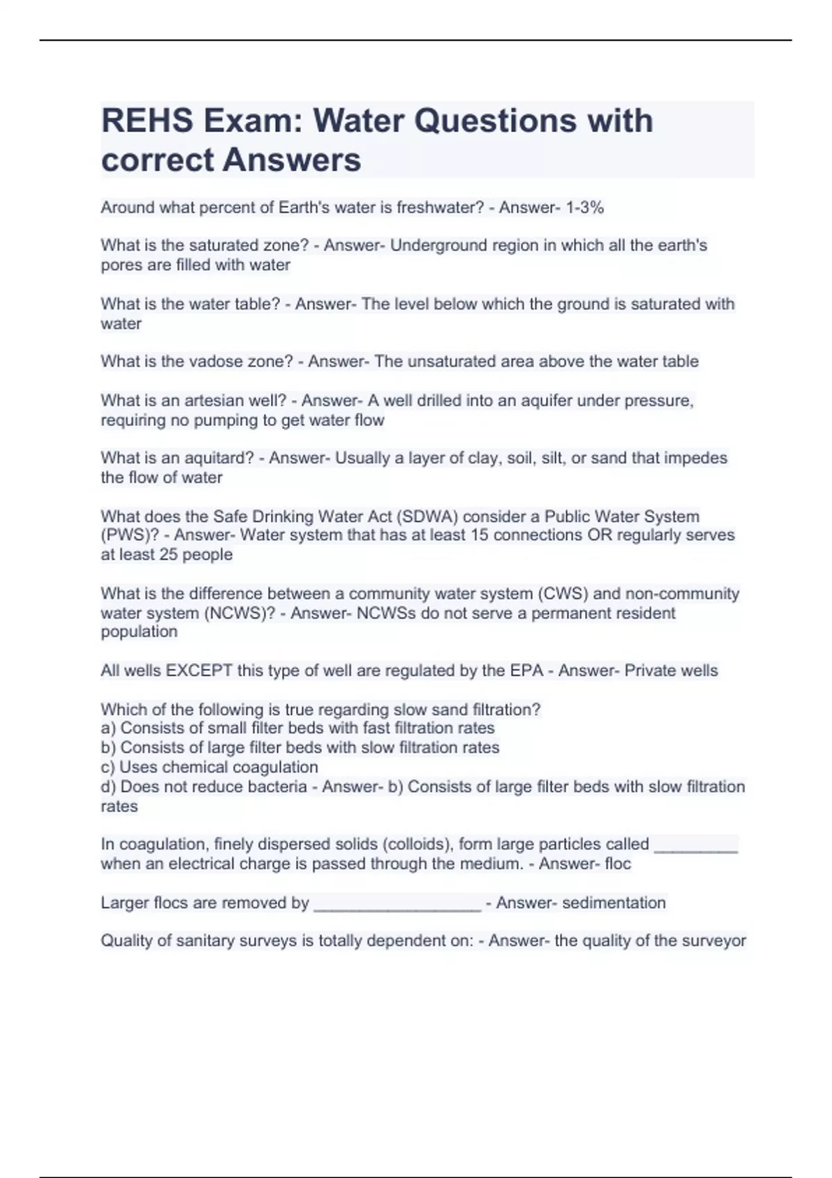 REHS Exam: Water Questions with correct Answers - REHS - Stuvia US