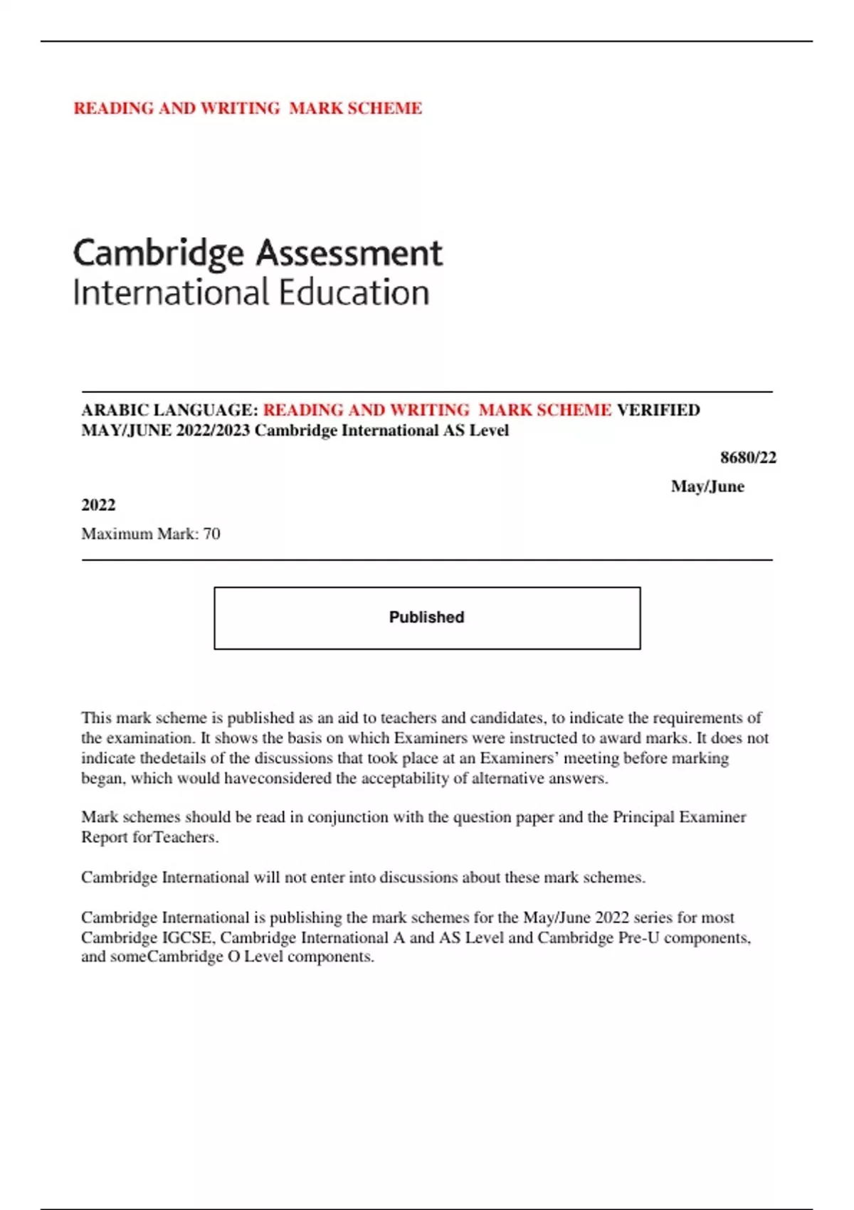 ARABIC LANGUAGE: READING AND WRITING MARK SCHEME VERIFIED MAY/JUNE 2022 ...