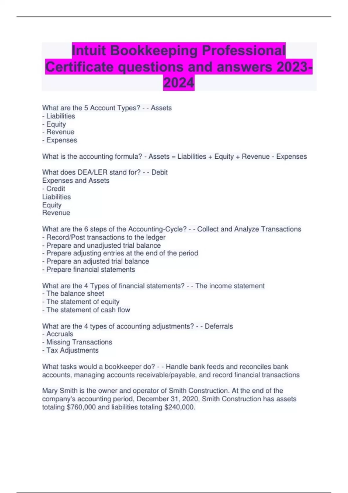 Intuit Bookkeeping Professional Certificate questions and answers ...