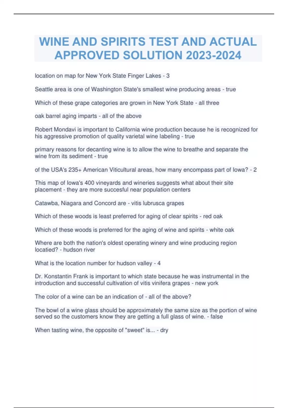 WINE AND SPIRITS TEST AND ACTUAL APPROVED SOLUTION - WINE AND SPIRITS ...