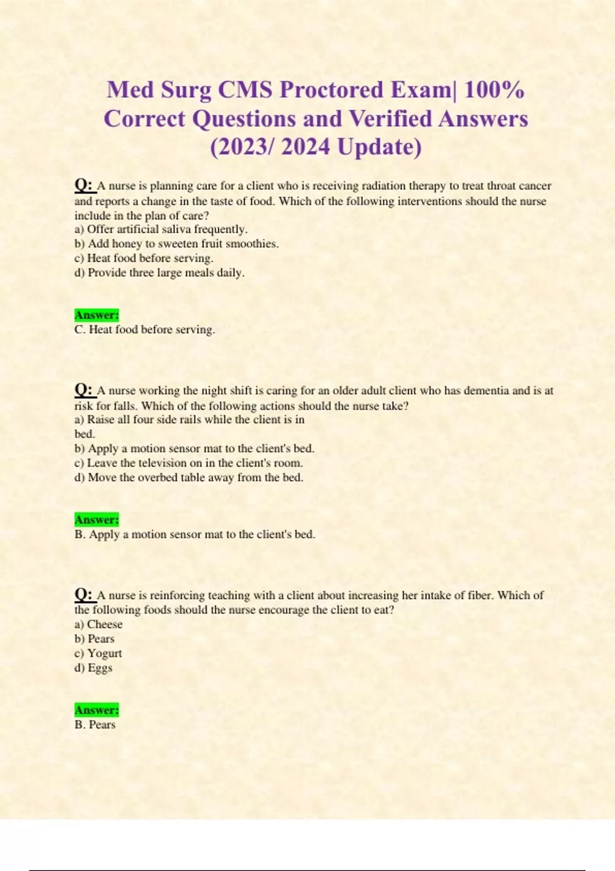 Med Surg CMS Proctored Exam| 100% Correct Questions and Verified ...